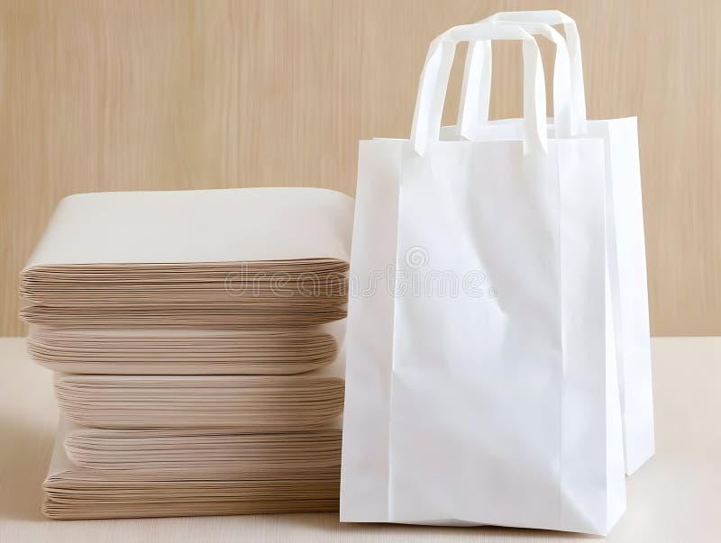 A Stack of Brown Paper Bags beside a White Shopping Bag on a Plain ...