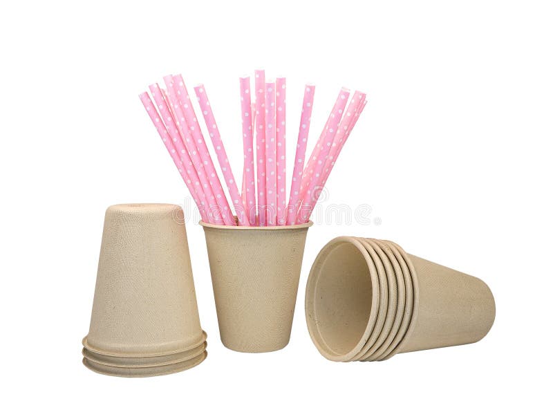 Stack of Brown Paper Cups and Paper Straws on a White Background with ...