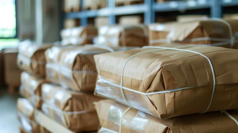 Stack Brown Paper Packages in Warehouse, Wrap Pallet Chain Supply Label ...