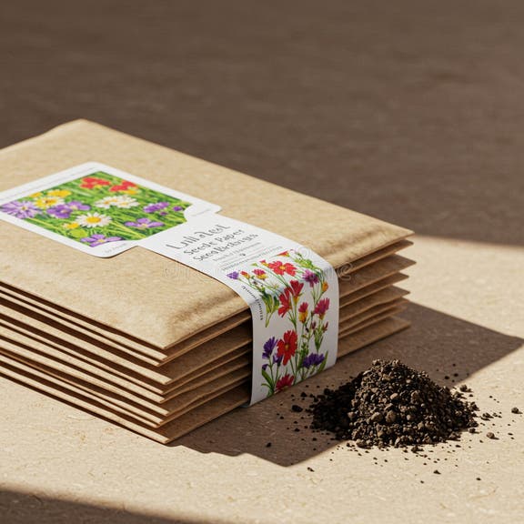 Stack of Brown Paper Seed Packets Wrapped with a Colorful Floral Label ...