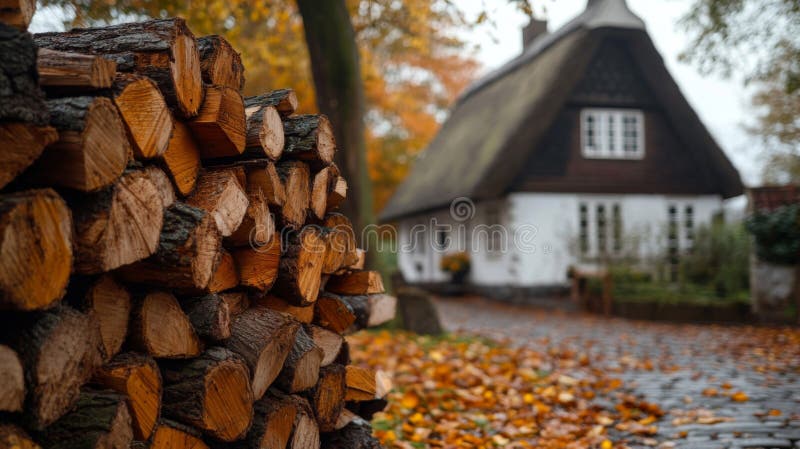 Stack of Brown Wood Logs Near a White Thatched House in Autumn Scenery ...