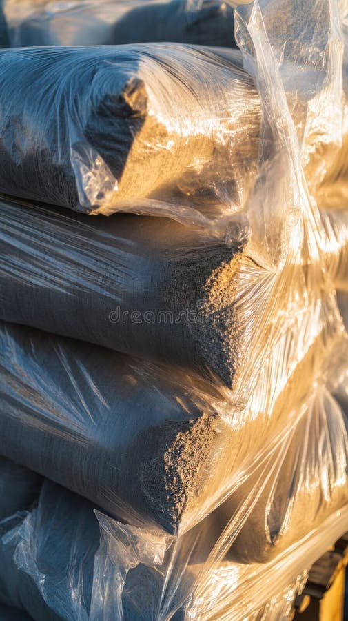 Stack of Building Material Bags Wrapped in Plastic at Sunset Stock ...