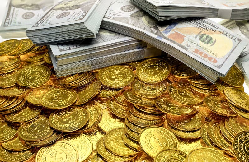 Stack Bundles of 100 US Dollars and Gold Coins Banknotes Stock Image ...