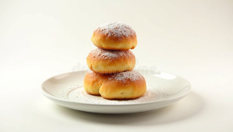 A Close Up Shot of a Stack of Three Powdered Buns on a White Plate ...