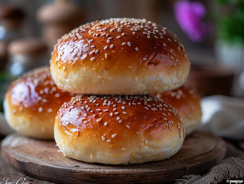 A Stack of Buns with Sesame Seeds on Top Stock Photo - Image of cutting ...