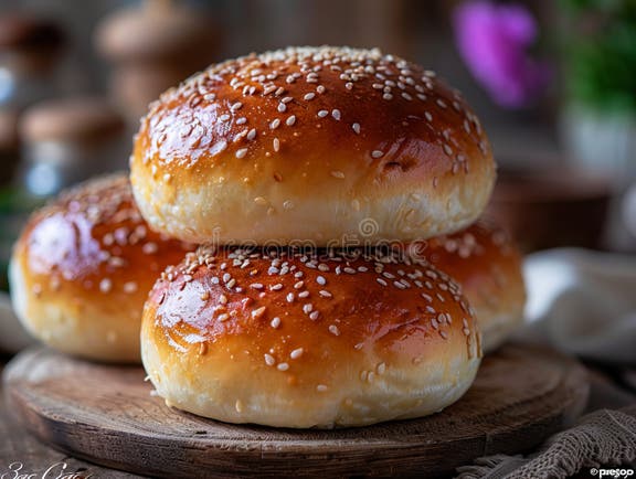 A Stack of Buns with Sesame Seeds on Top Stock Photo - Image of cutting ...