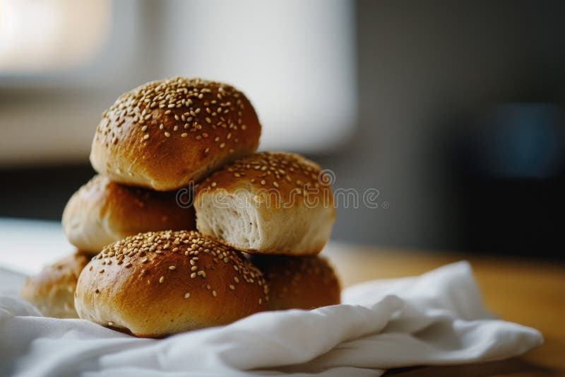 A Stack of Buns Sitting on Top of a Napkin Stock Photo - Image of table ...