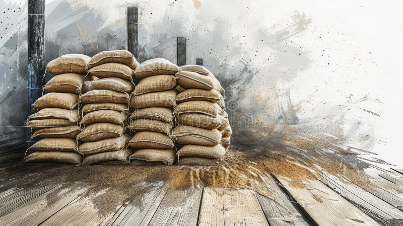 Stack of Burlap Sacks with Abstract Splattered Effects on Wooden Dock ...