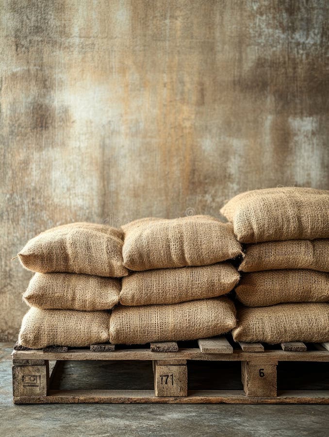 Stack of Burlap Sacks on a Wooden Pallet Against Rustic Wall. Stock ...