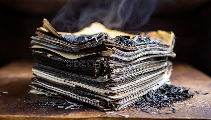 Stack of Burned Paper Documents. Dark Background Stock Illustration ...