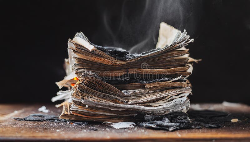 Stack of Burned Paper Documents. Dark Background Stock Illustration ...