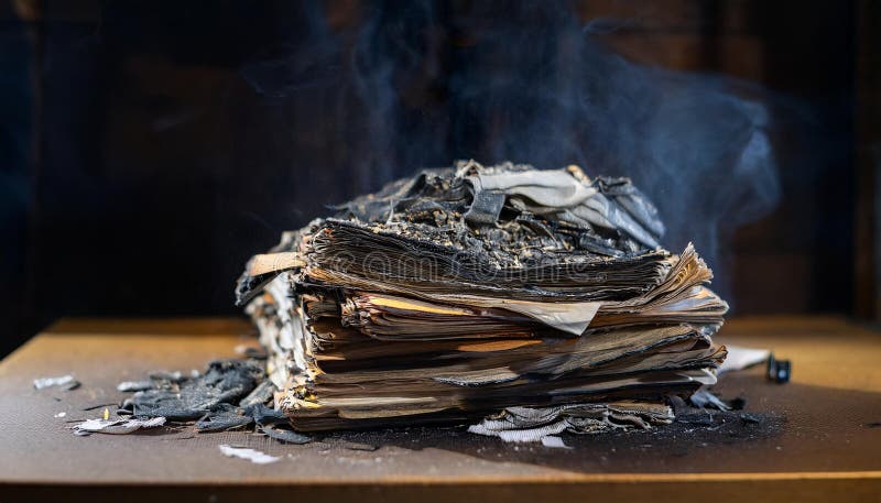Stack of Burned Paper Documents. Dark Background Stock Illustration ...