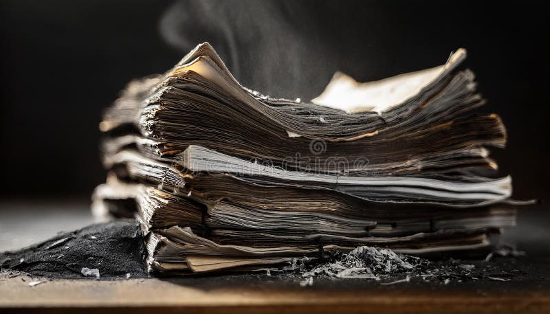 Stack of Burned Paper Documents. Dark Background Stock Illustration ...