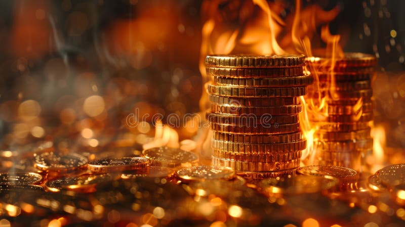 Stack of Burning Gold Coins Against a Fiery Background Stock ...