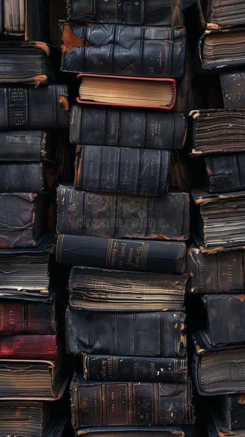Stack of Burnt Vintage Books, Close-up View, Dark and Aged, Collection ...