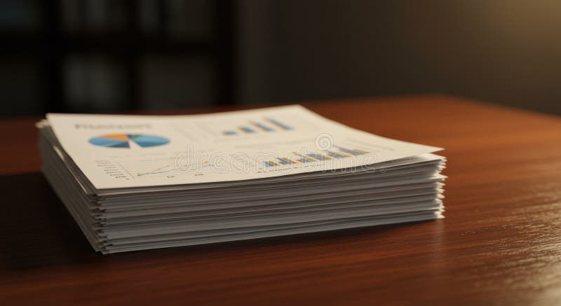 Stack of Printed Business Documents with Charts and Graphs on Wooden ...