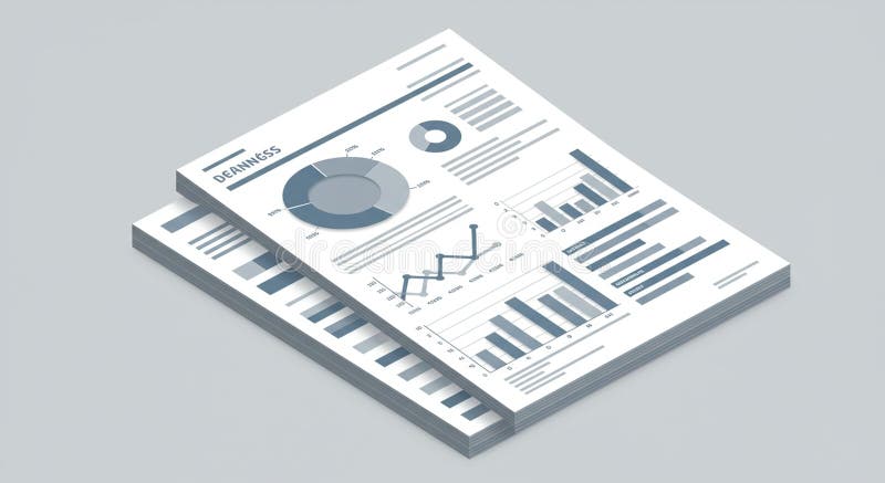 Stack of Business Reports Features a Cover Sheet with Various Charts ...