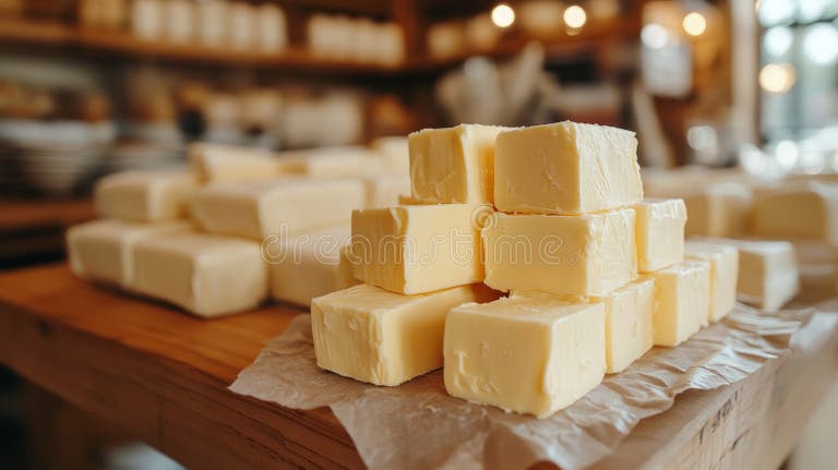Stack of Butter Blocks on a Wooden Table in a Rustic Kitchen. Stock ...
