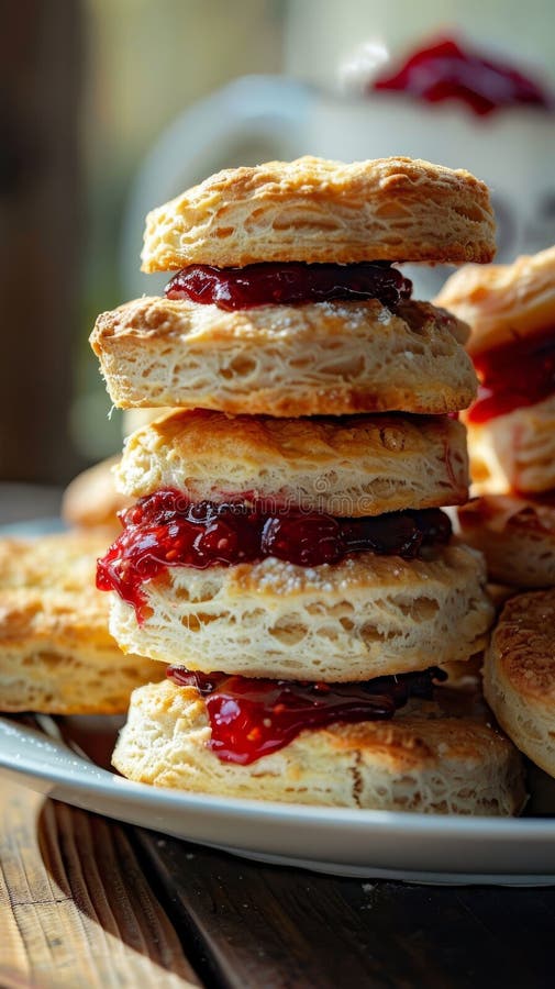 Stack of Buttery Scones with Raspberry Jam Filling, Close-up View ...