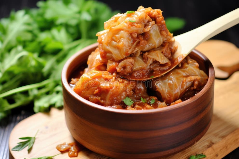 Stack of Cabbage Rolls with a Wooden Spoon on the Side Stock Photo ...