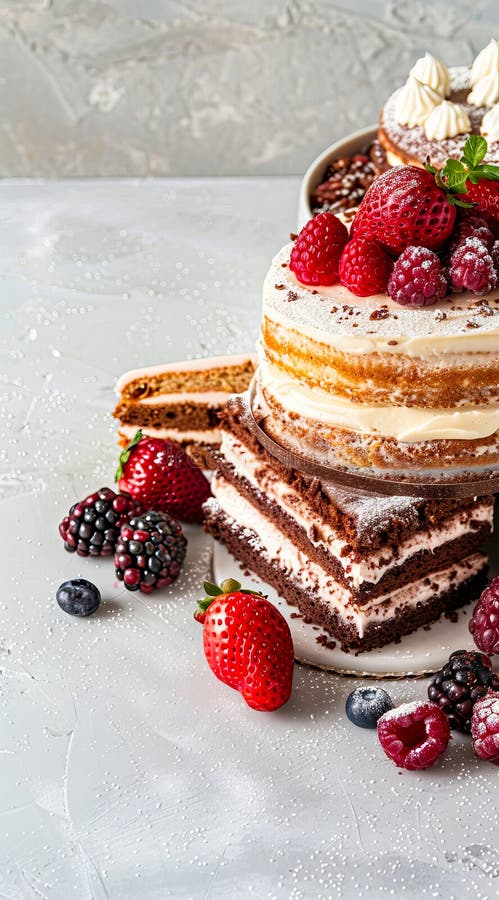A Stack of Cakes with Berries and Chocolate on Top Stock Image - Image ...
