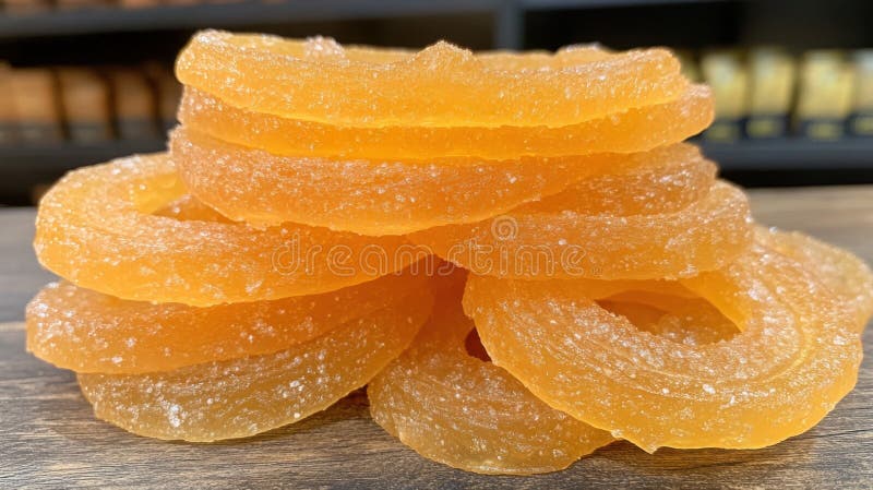 Stack of Candied Orange Rings on Wooden Surface Stock Photo - Image of ...