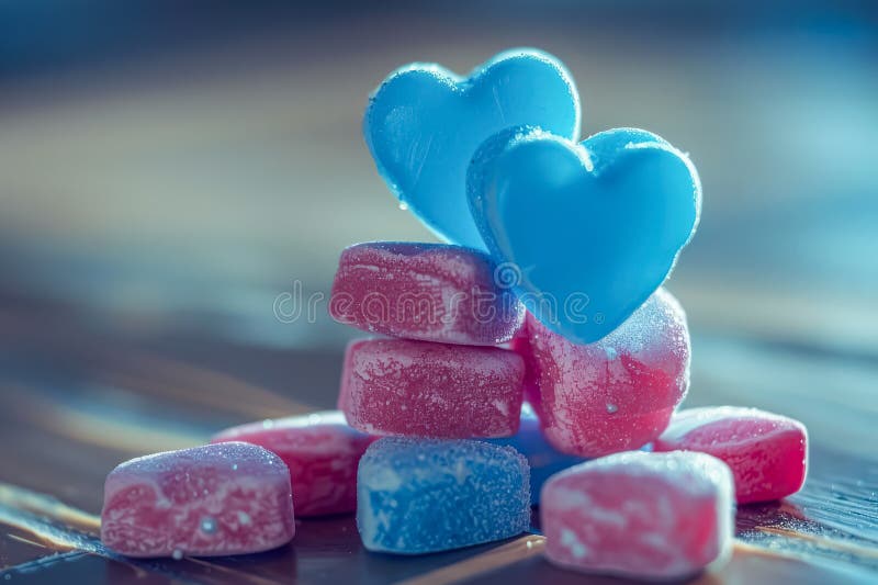 Stack of Candy Hearts with Blue and Pink Hearts on Top Stock Photo ...