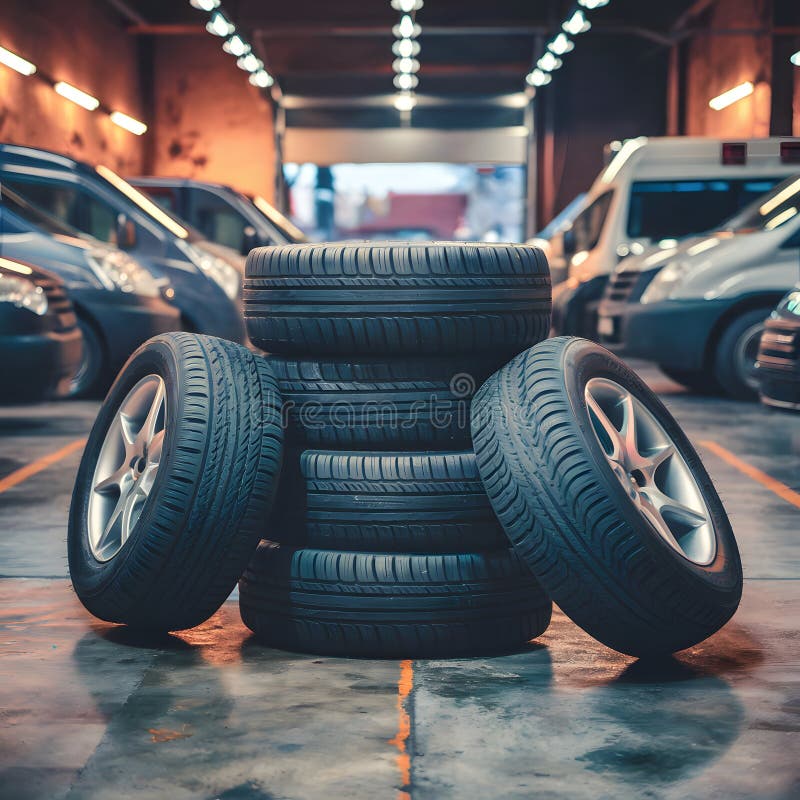 Stack of Car Tires on Concrete Floor, Lit by Overhead Lights Stock ...