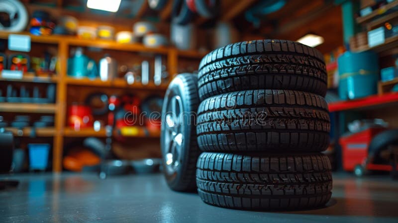 Stack of Car Tires in a Garage Workshop, Generative AI Stock Photo ...