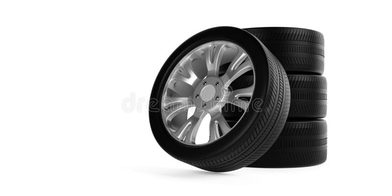 Stack of Car Tires with Single Tire Leaning Against Them on White ...