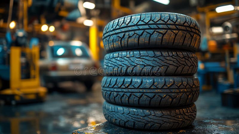 Stack of Car Tires in a Workshop – Generative AI Stock Illustration ...