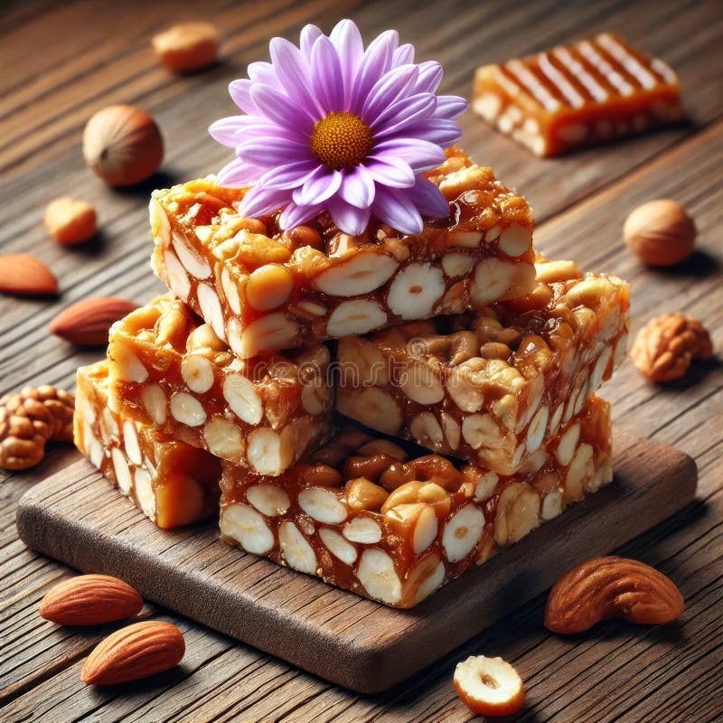 Stack of Caramel Nut Squares with Decorative Flower on Rustic ...