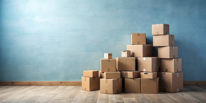 A Stack of Cardboard Boxes Against a Light Blue Wall in an Empty Room ...