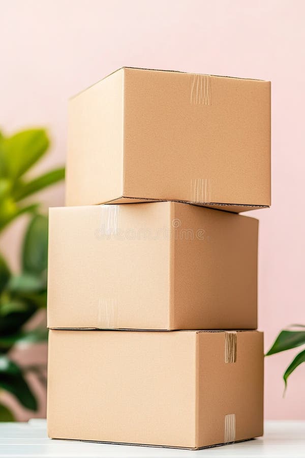 Stack of Cardboard Boxes Against a Soft Pink Background with Greenery ...