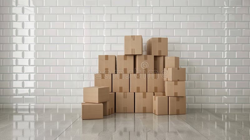 A Stack of Cardboard Boxes Against a White Tile Wall, Possibly in a ...