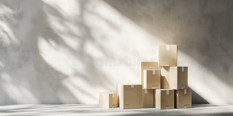 Stack of Cardboard Boxes Against a White Wall with Light Streaming ...