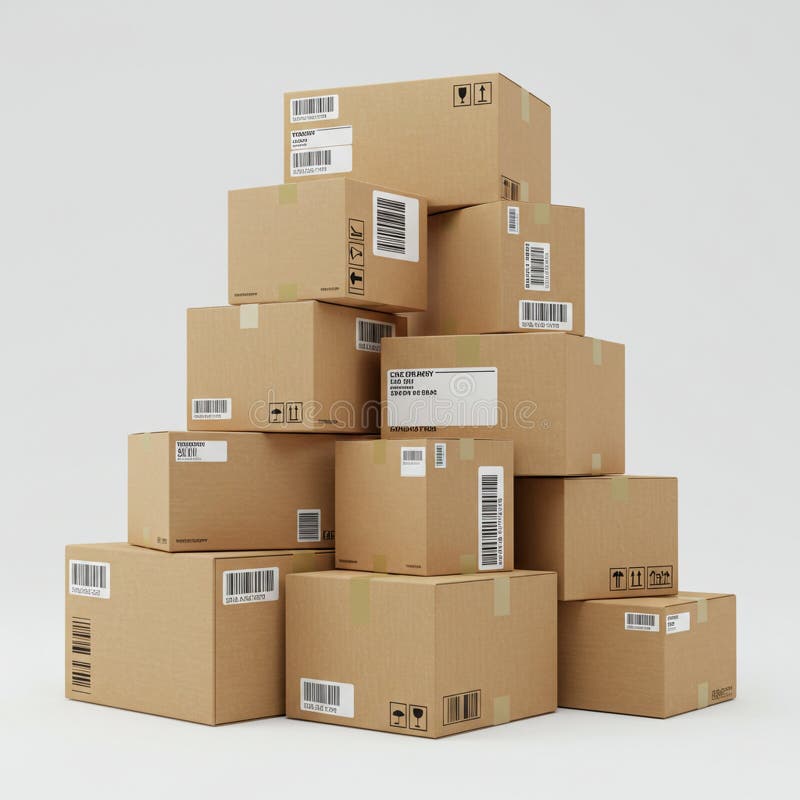 A Stack of Cardboard Boxes Arranged in a Pyramid Formation on a Plain ...
