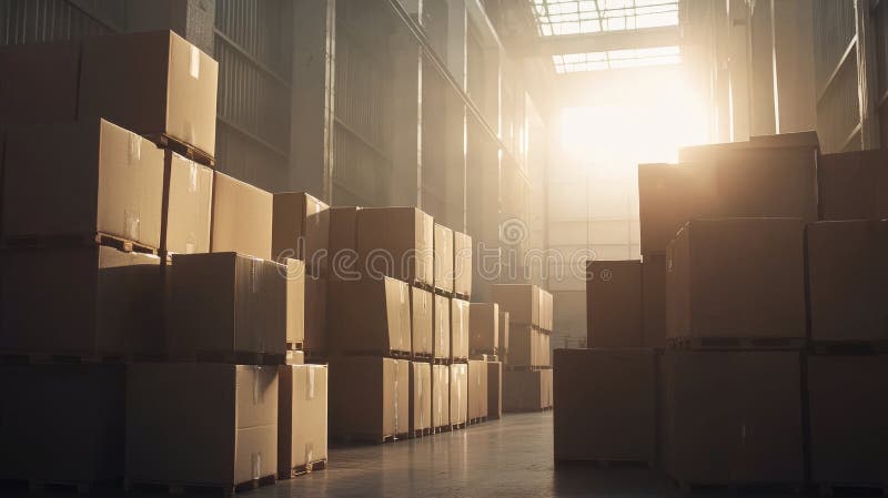 Stack of Cardboard Boxes in Brightly Lit Warehouse Interior with ...