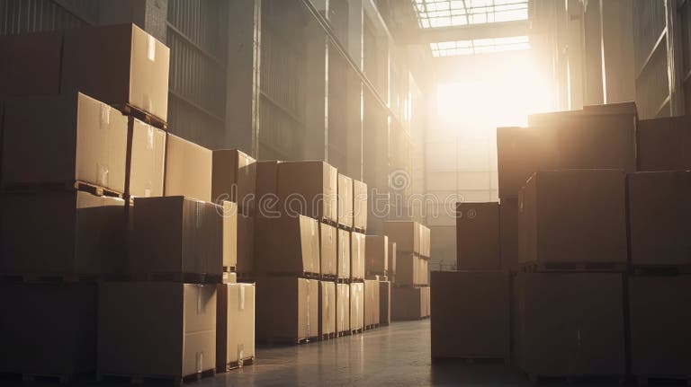 Stack of Cardboard Boxes in Brightly Lit Warehouse Interior with ...