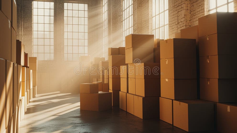 Stack of Cardboard Boxes in a Brightly Lit Warehouse with Sunlight ...