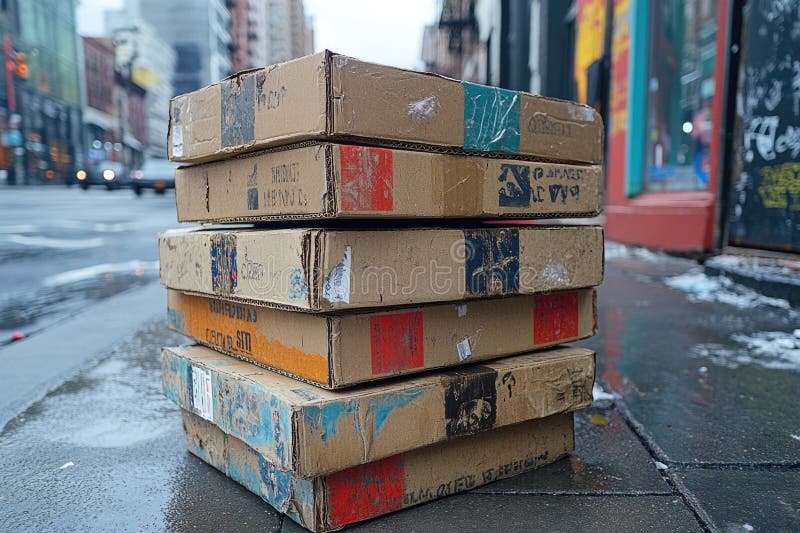 Stack of Cardboard Boxes on City Sidewalk: Recent Deliveries or Stock ...