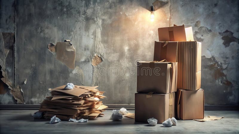 Stack of Cardboard Boxes and Crumpled Paper Against a Weathered Wall ...