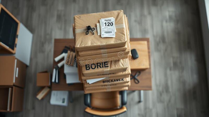 Stack of Cardboard Boxes on a Desk in an Office. Overhead View Stock ...