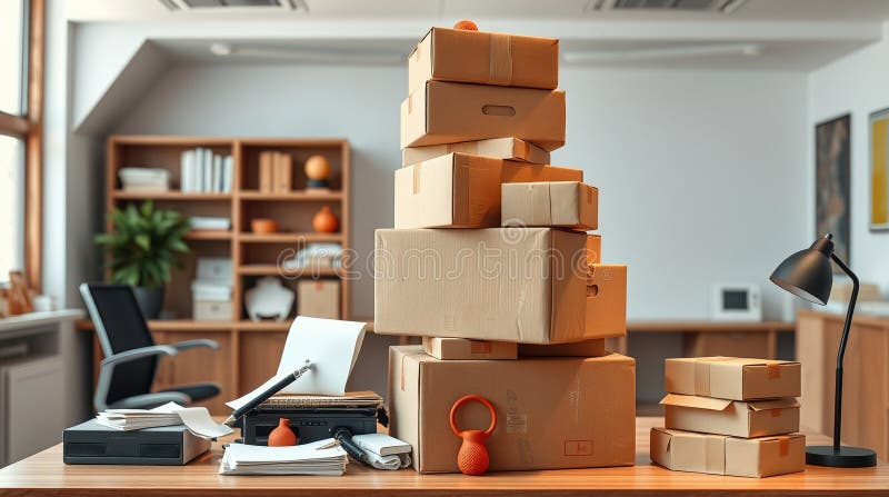Stack of Cardboard Boxes on a Desk in an Office. Ready for Shipping or ...