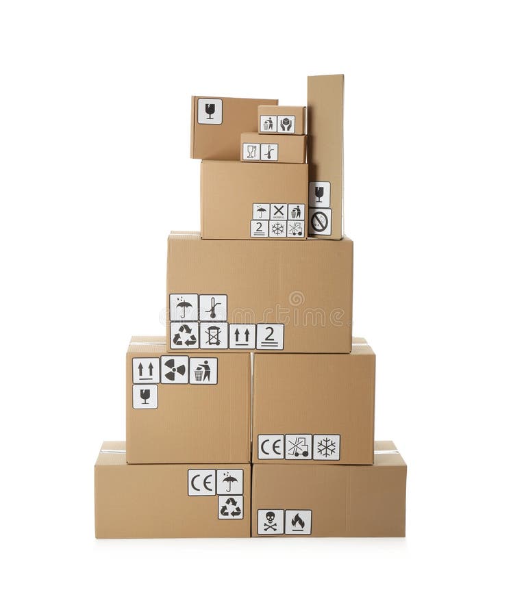 Stack of Cardboard Boxes with Packaging Symbols on White Background ...