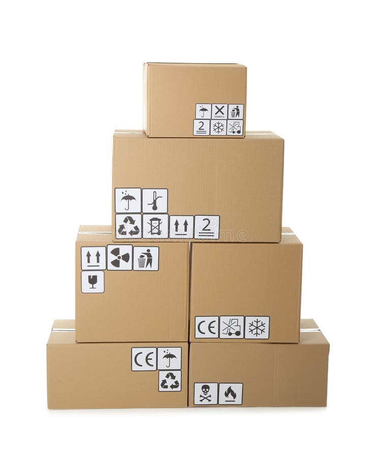 Stack of Cardboard Boxes with Different Packaging Symbols on Background ...