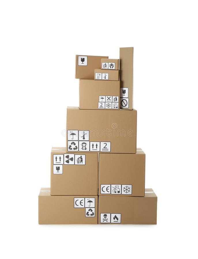 Stack of Cardboard Boxes with Packaging Symbols on White Background ...