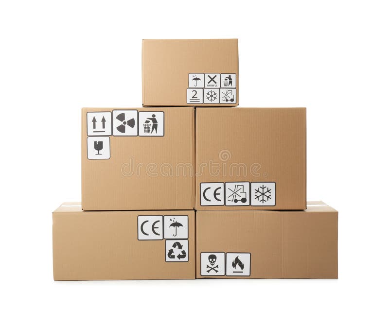 Stack of Cardboard Boxes with Different Packaging Symbols on White ...