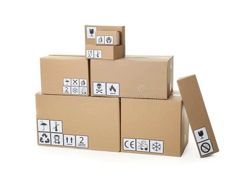 Stack of Cardboard Boxes with Different Packaging Symbols on White ...