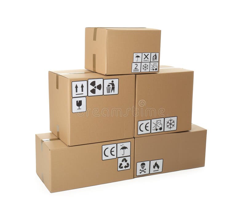 Stack of Cardboard Boxes with Packaging Symbols on White Background ...